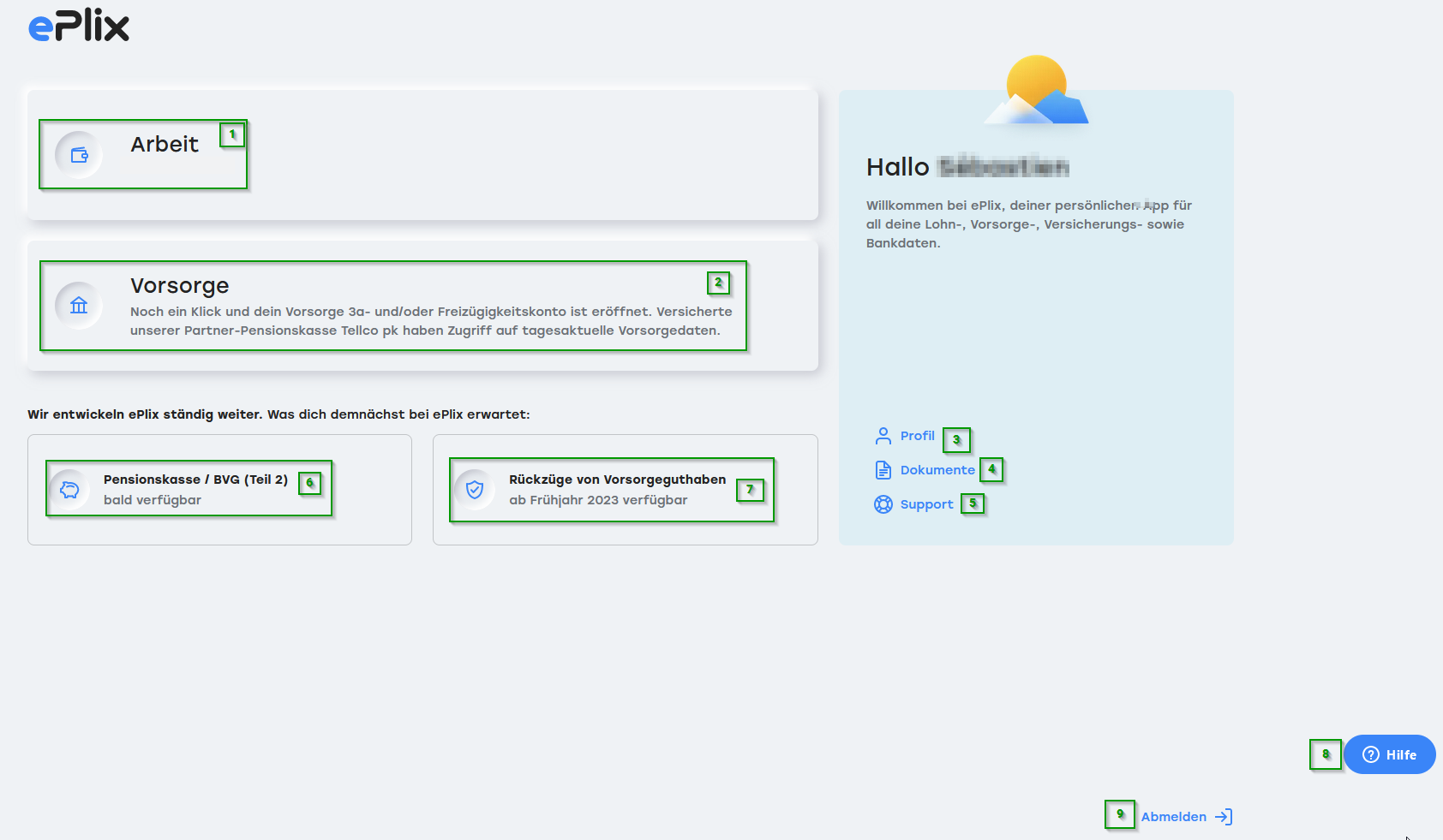 Übersicht - Homescreen ePlix & Menü – Helpdesk